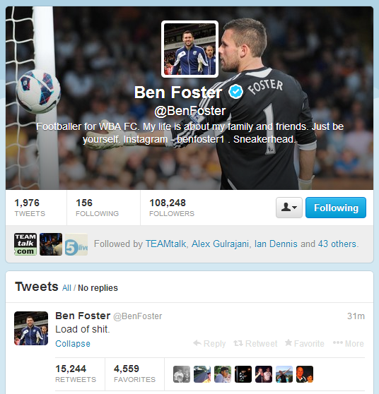Twitter Rant: Ben Foster Tweets 'Load of Shit' After Chelsea Win 'Soft ...