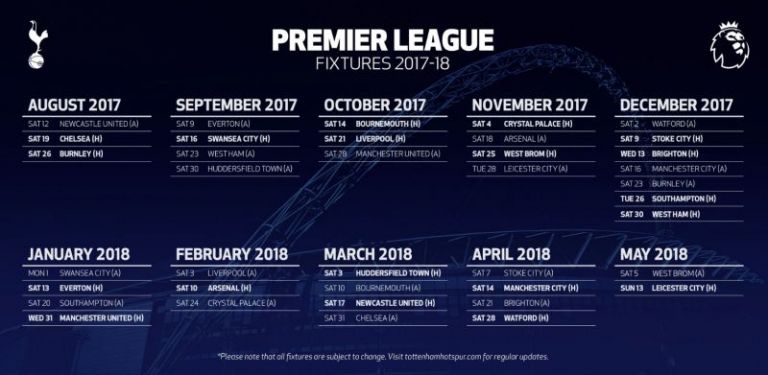 Tottenham Hotspur 2017-18 fixtures in Premier League