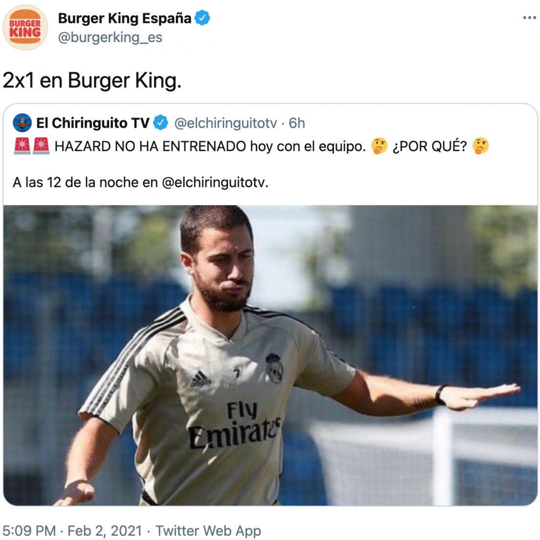Burger King troll Madrid star Hazard with savage '2 for 1' tweet