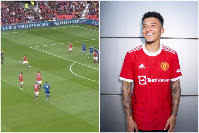 Sancho reaction to Bruno Fernandes' free-kick for Man United
