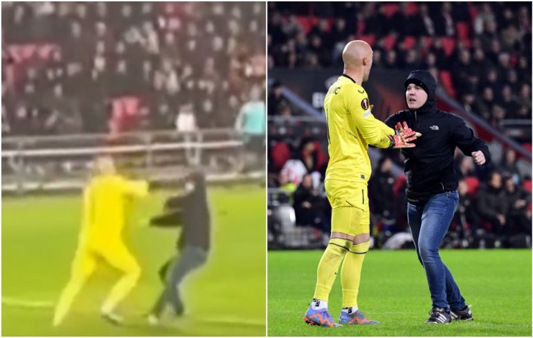 Sevilla goalkeeper fights PSV fan - video