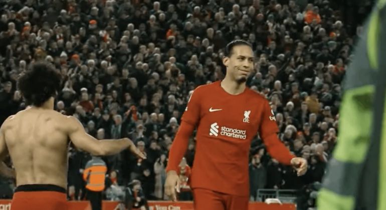 GIF - Virgil van Dijk's epic reaction after Mo Salah's record-breaking ...