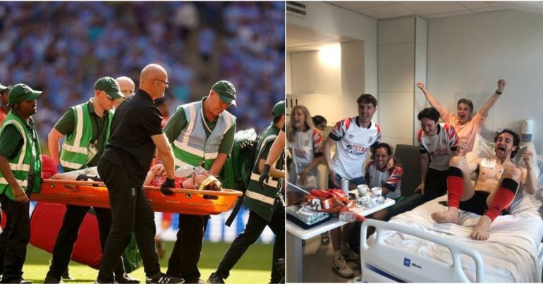 Luton captain Tom Lockyer pictured celebrating promotion from hospital Luton captain Tom Lockyer pictured celebrating promotion from hospital