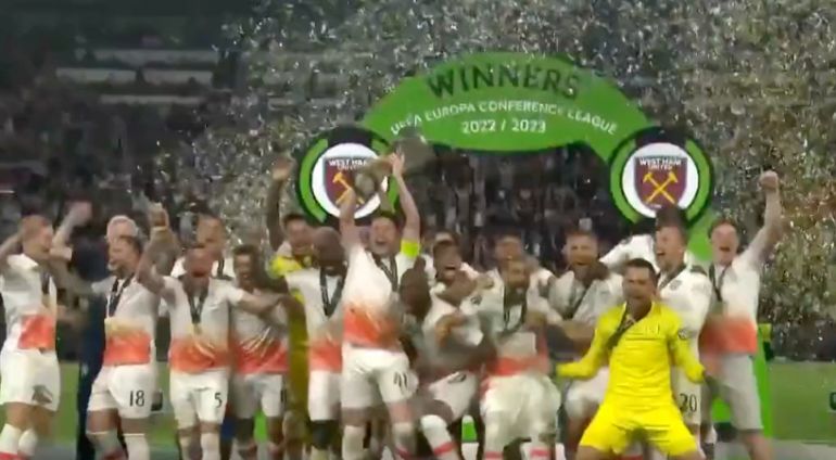 West Ham news: Declan Rice gets his hand on ECL trophy in Prague