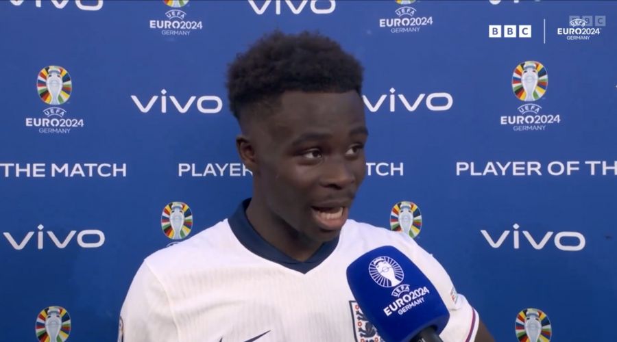 Bukayo Saka reacts to England's victory on penalties against Switzerland