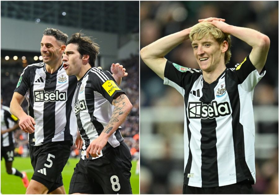 Anthony Gordon reacts to Sandro Tonali nearly scoring