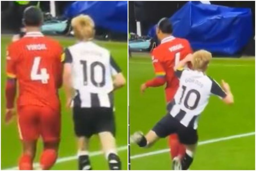 Virgil van Dijk gets away with Anthony Gordon challenge - video