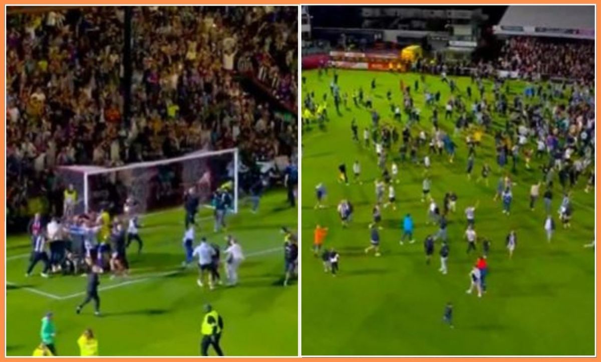 Grimsby fans pitch invasion after win vs Manchester United