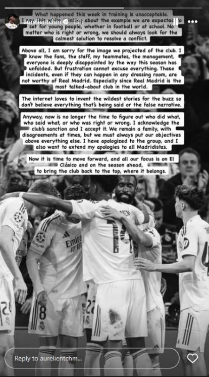 Aurelien Tchouameni statement on Instagram